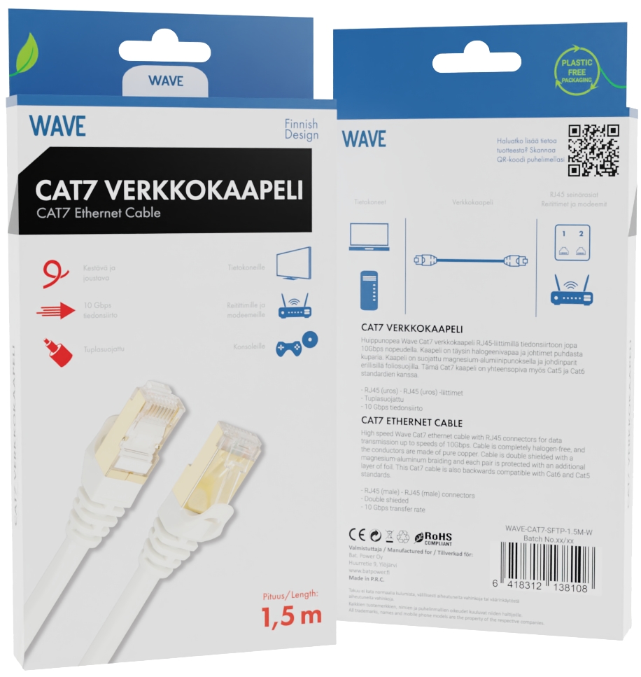 WAVE CAT7 VERKKOKAAPELI 10GBIT 1.5M VALKOINEN, WAVE-CAT7-SFTP-1.5M-W - Toimistotekniikka.com ...